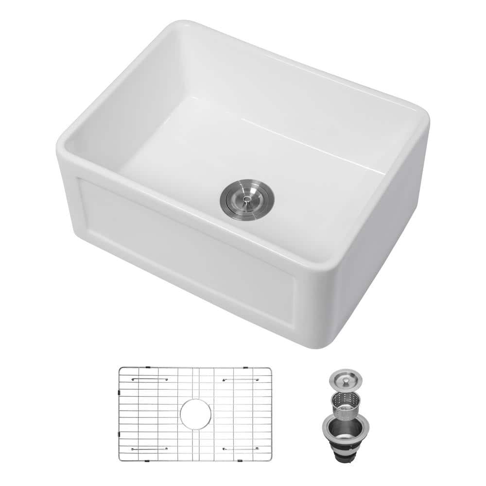 24 in.Drop-In Single Bowl Kitchen Sink White Ceramic Sink with Strainer ...