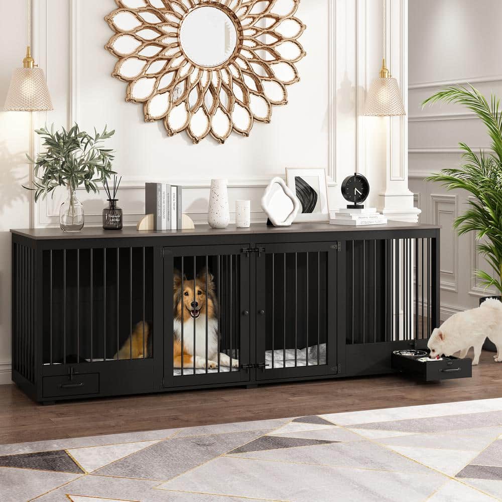 FUFU&GAGA Wooden Large Dog Crate with Dog Feeding Area, XL Black Furniture Style Dog House with ...