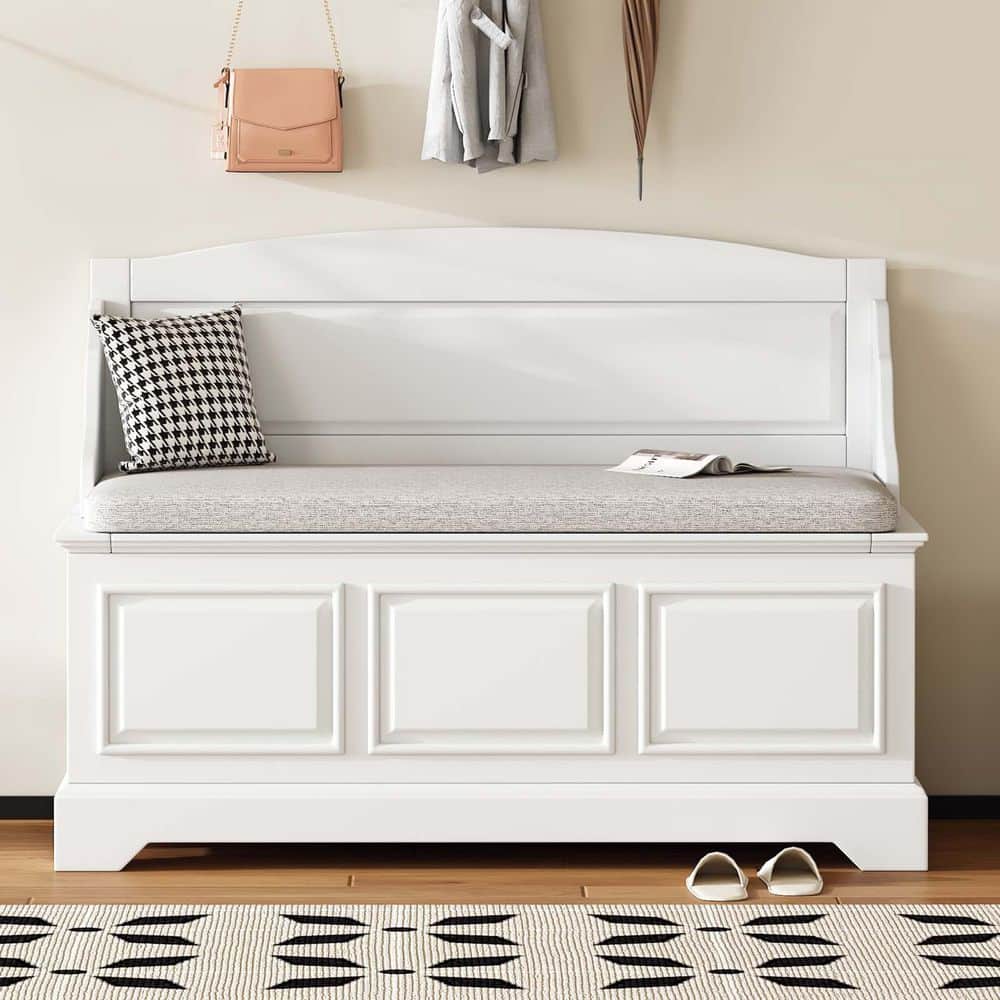 30 in. H x 41 in. W White Wood Shoe Storage Bench with 2 Hidden Storage ...