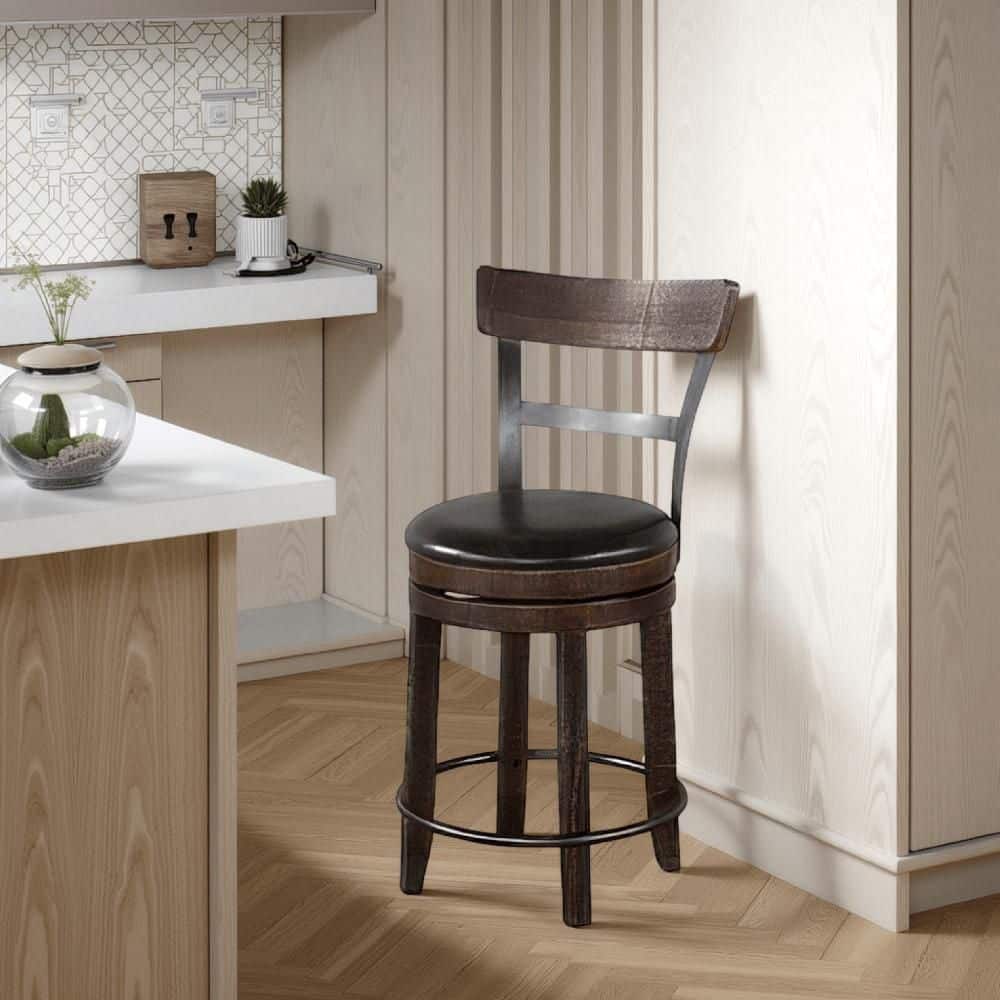 Benjara Flint Swivel Brown, Black and Gray Wood Frame Counter Stool ...