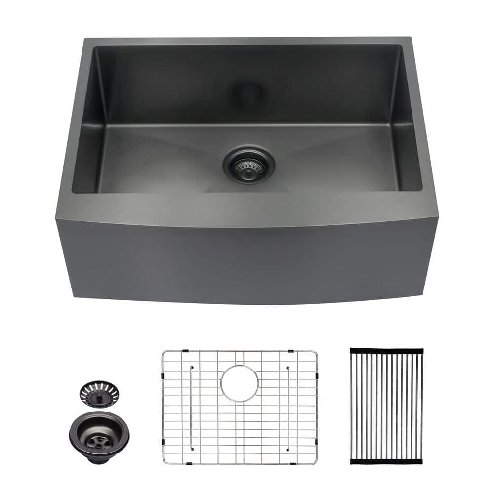 Logmey 24 in. Gunmetal Black 16-Gauge Farmhouse Apron Front Single Bowl ...