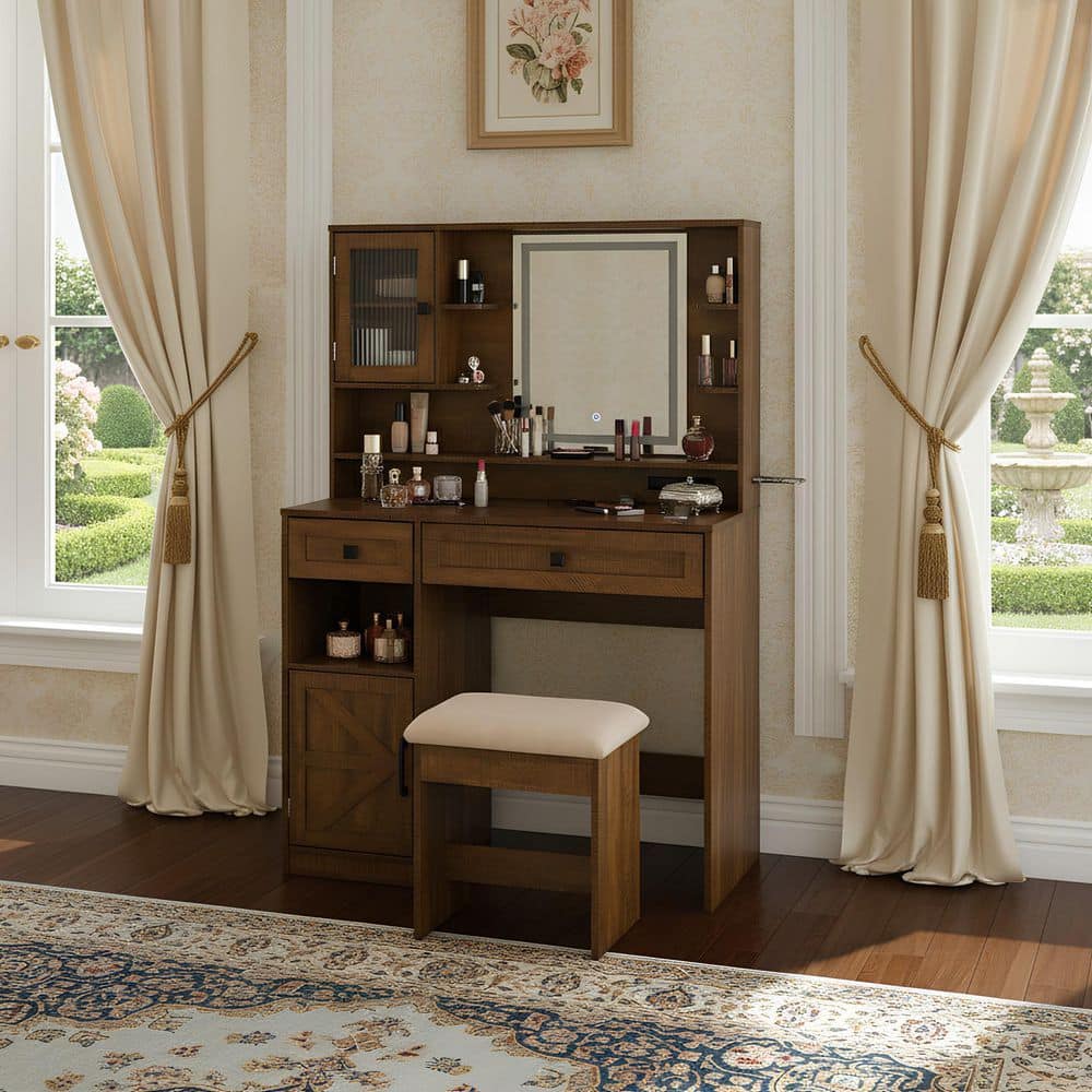 Homy Casa ALASO 37 in. Farmhouse Makeup Vanity Set with Lighted Mirror ...