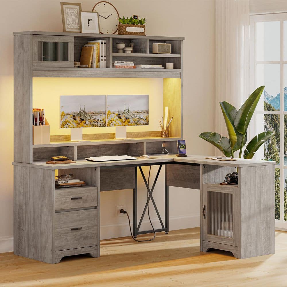 Bestier 63 in. L Shaped Gray Hutch Ergonomic Computer Desk and Power ...