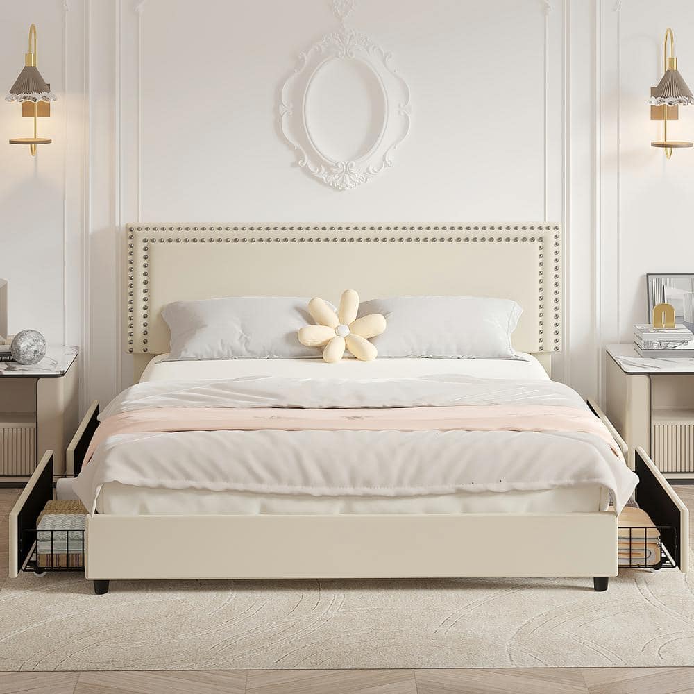 VECELO Platform Bed Frame Beige Metal Frame King Size Platform Bed with ...