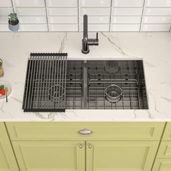 Qidian 33 in. Undermount Double Bowl (50/50) 16-Gauge Gunmetal Black ...
