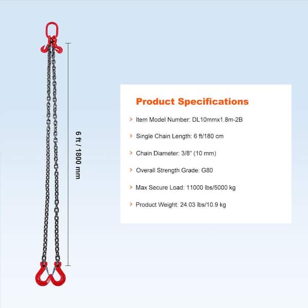 VEVOR Chain Sling, 3/8 in. x 10 ft. Lifting Chains with Hooks, G80 Engine Chain Hoist Lifts ...