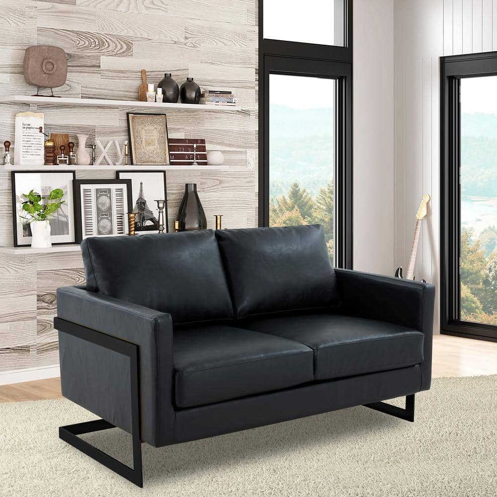 Leisuremod 55 in. Loveseat Sofa 2 Seater Couch in Leather with Black Stainless Steel Base and Removable Cushions in Black LAB55BL L The Home Depot