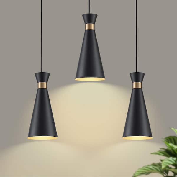 TinHon Set of 3 Modern Black Cone Pendant Lights with Gold Accents ...