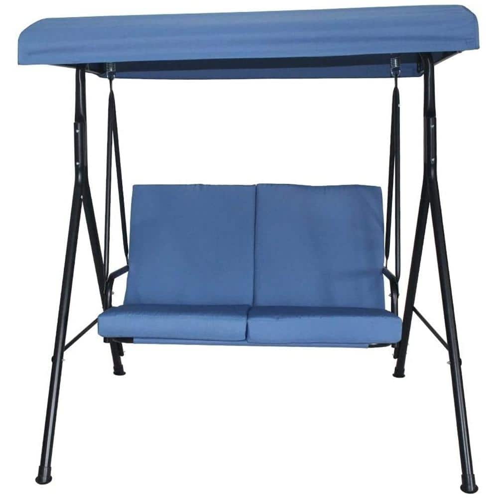 Home Beyond 55 in. 2-Person Black Metal Patio Swing with Blue Cushions ...