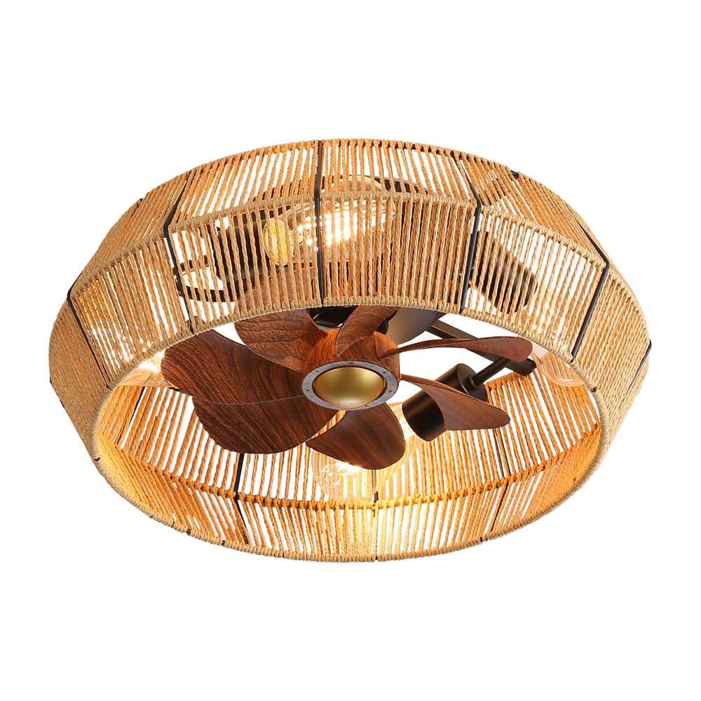 OLUZO 20 in. Indoor Boho Brown Woven Ceiling Light with Fan, Flush ...