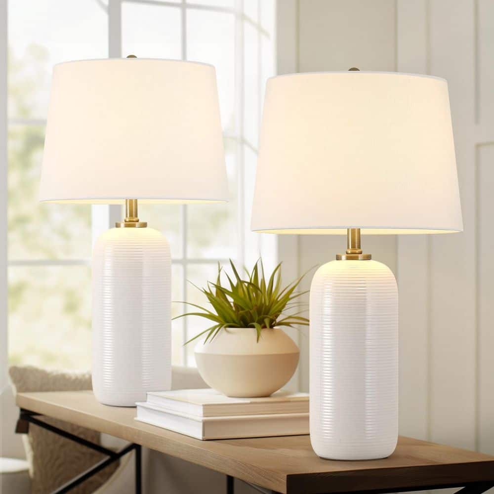 TRUE FINE Marcia 25in White Ceramic Table Lamp Set with White Shade and ...