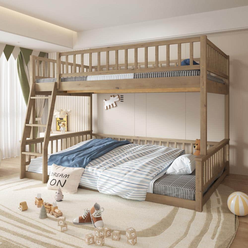 Nestfair Walnut Full XL Over Queen Bunk Bed with Ladder and Guardrails ...