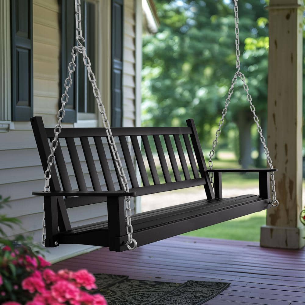 VEIKOUS 5 ft. Black Outdoor Wooden Patio Porch Swing with Chains and ...