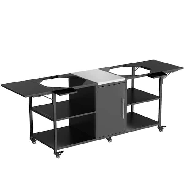 70 in. W Stainless Steel Grill Cart Table Stand for 2 Big Green Egg ...