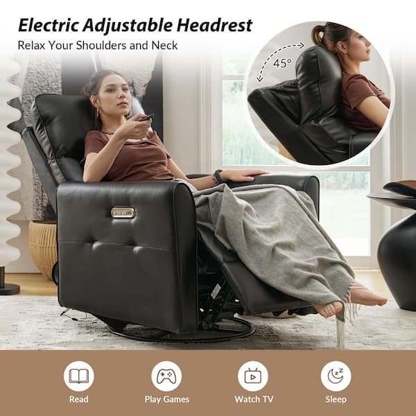 JAYDEN CREATION Louis Black Modern Faux Leather Swivel Power Recliner with Charging Ports RCLD1139D BLK The Home Depot