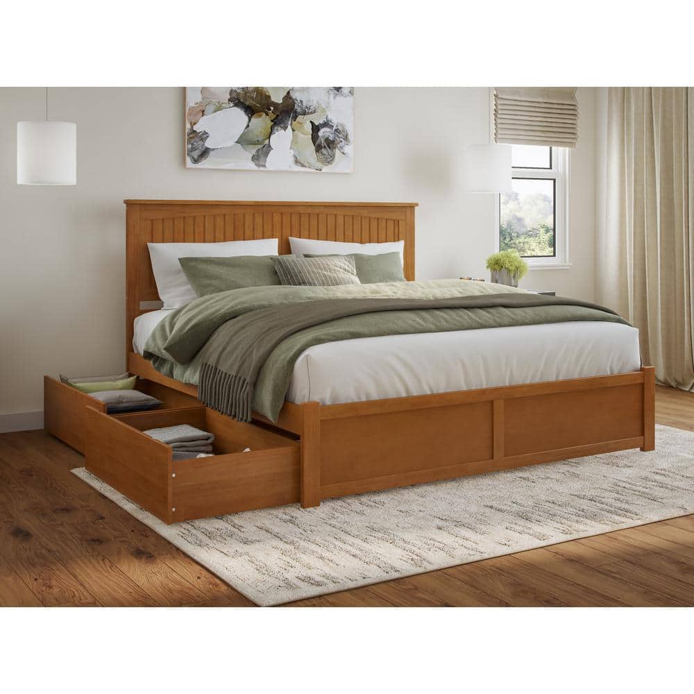 Light wood bed frame with storage store