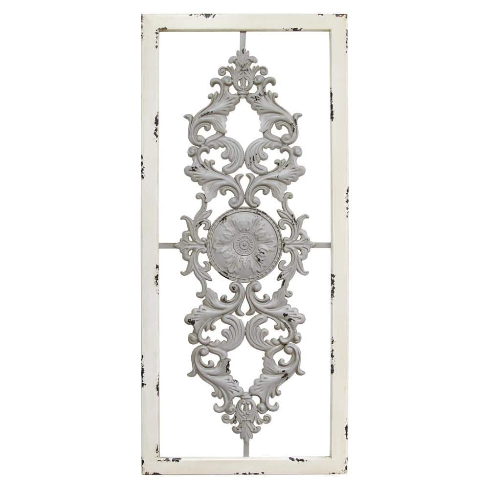 HomeRoots Distressed Scroll Panel Metal White Wood Framed Wall Art ...