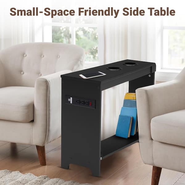 HOMESTOCK Black End Table with Charging Station USB Ports and Outlets Narrow Side Table Chair Side Table Bed Side Nightstand 11309HD The Home Depot