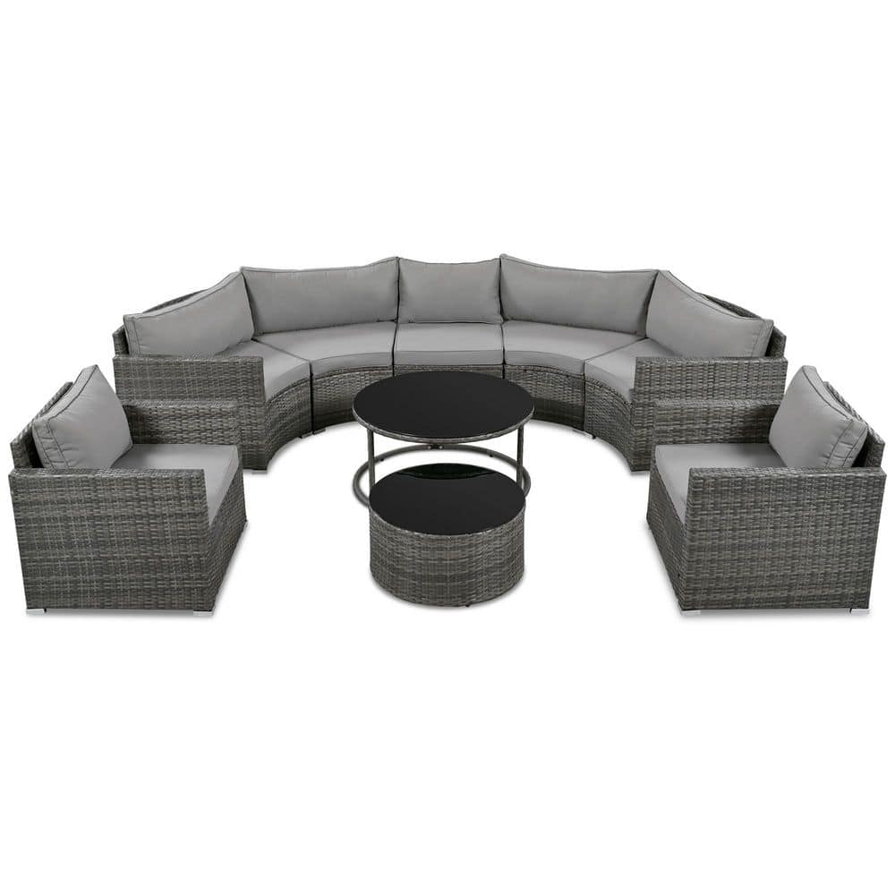 Boosicavelly 9-Piece Wicker Patio Conversation Set with Gray Cushion ...