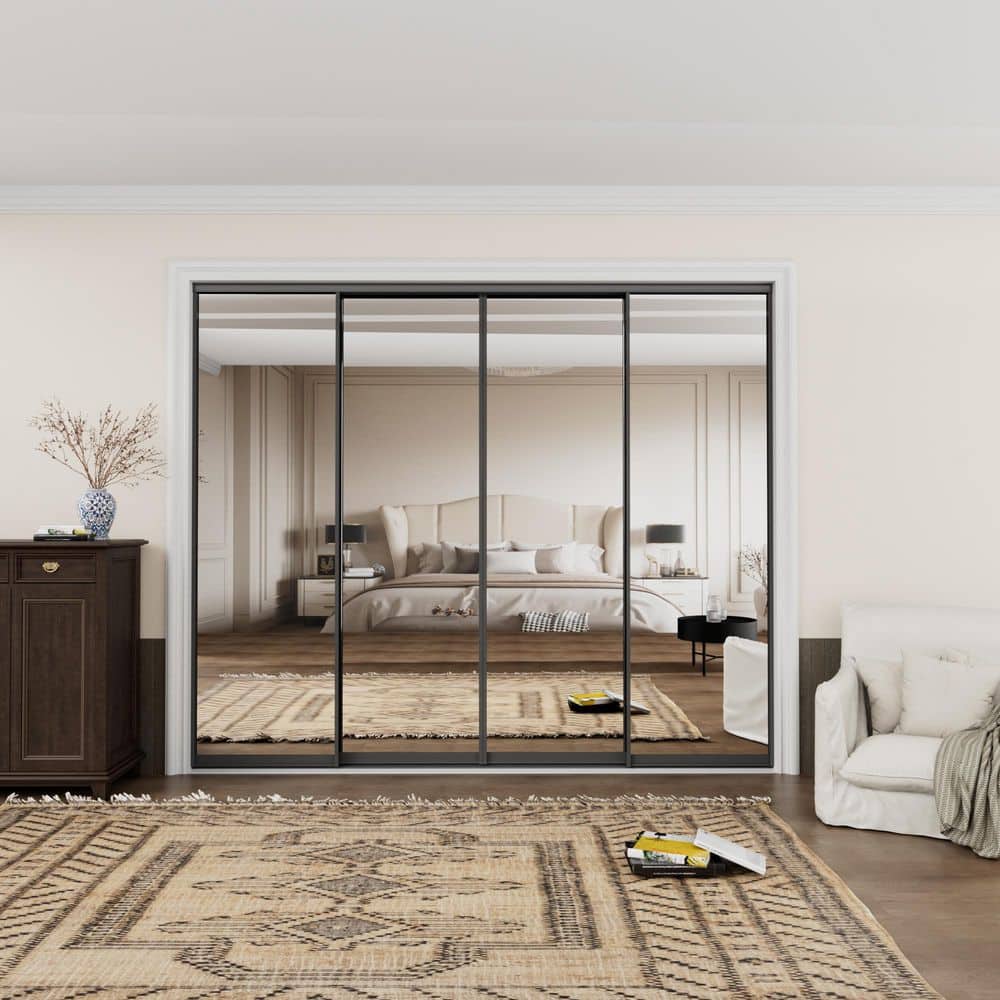 EH PUERTA 96 in. x 80 in. 1-Lite Black Mirrored Glass and Aluminum ...