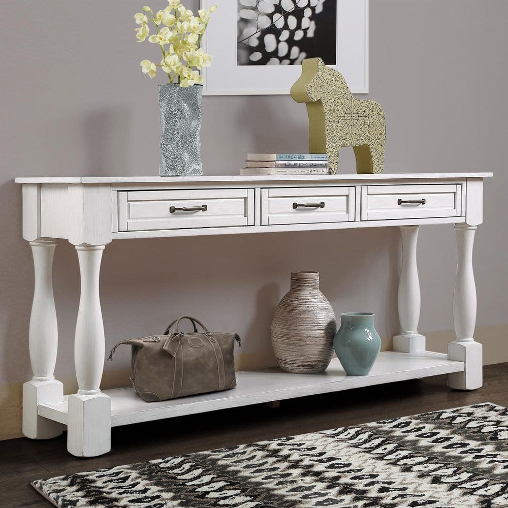 Noble House Adelaide 63.4 in. Antique White Rectangle Wood Console ...