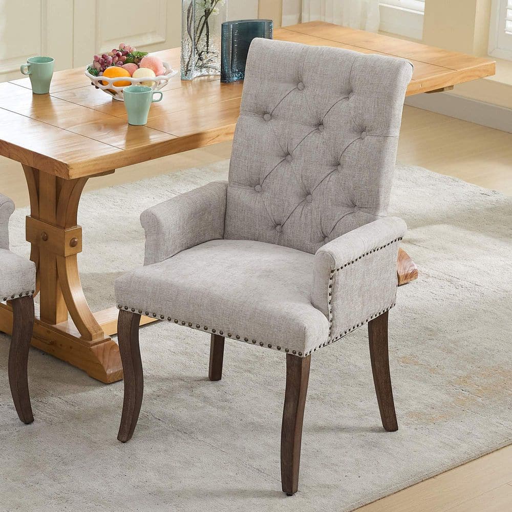 Seafuloy 27.2 in. Beige Chenille Accent Dining Chair with Curved Solid ...