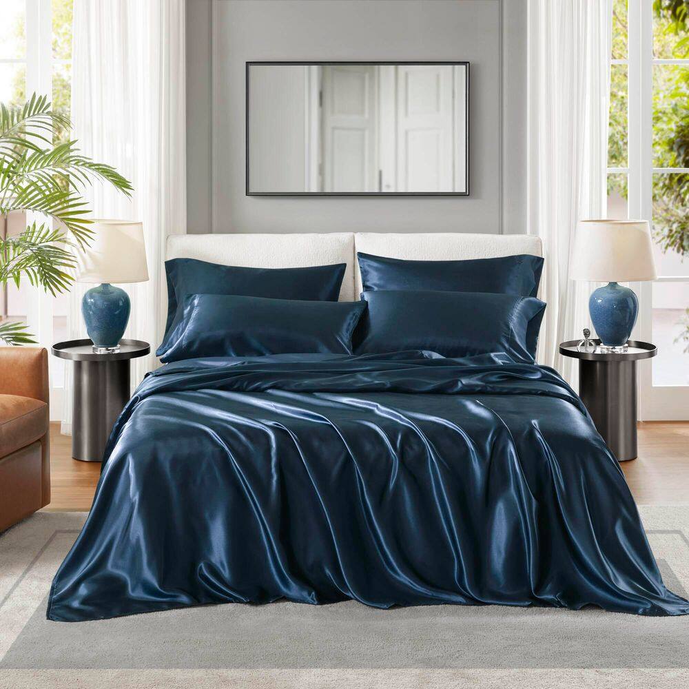 Vsmile Dark Blue Satin Sheet Full Set-6 Pieces Easy Care Polyester ...