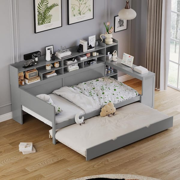 Harper & Bright Designs Gray Twin Size Multi-functional Wood Daybed ...