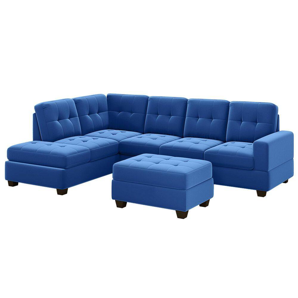 Zeus & Ruta 112 in. 3-piece Velvet L-Shaped Sectional Sofa in Blue ...