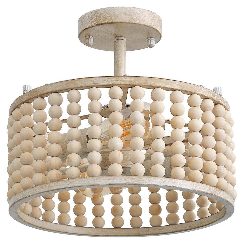 Pacific Core Boho Farmhouse 12.6 in. 2-Light Oak White Wood Beaded ...