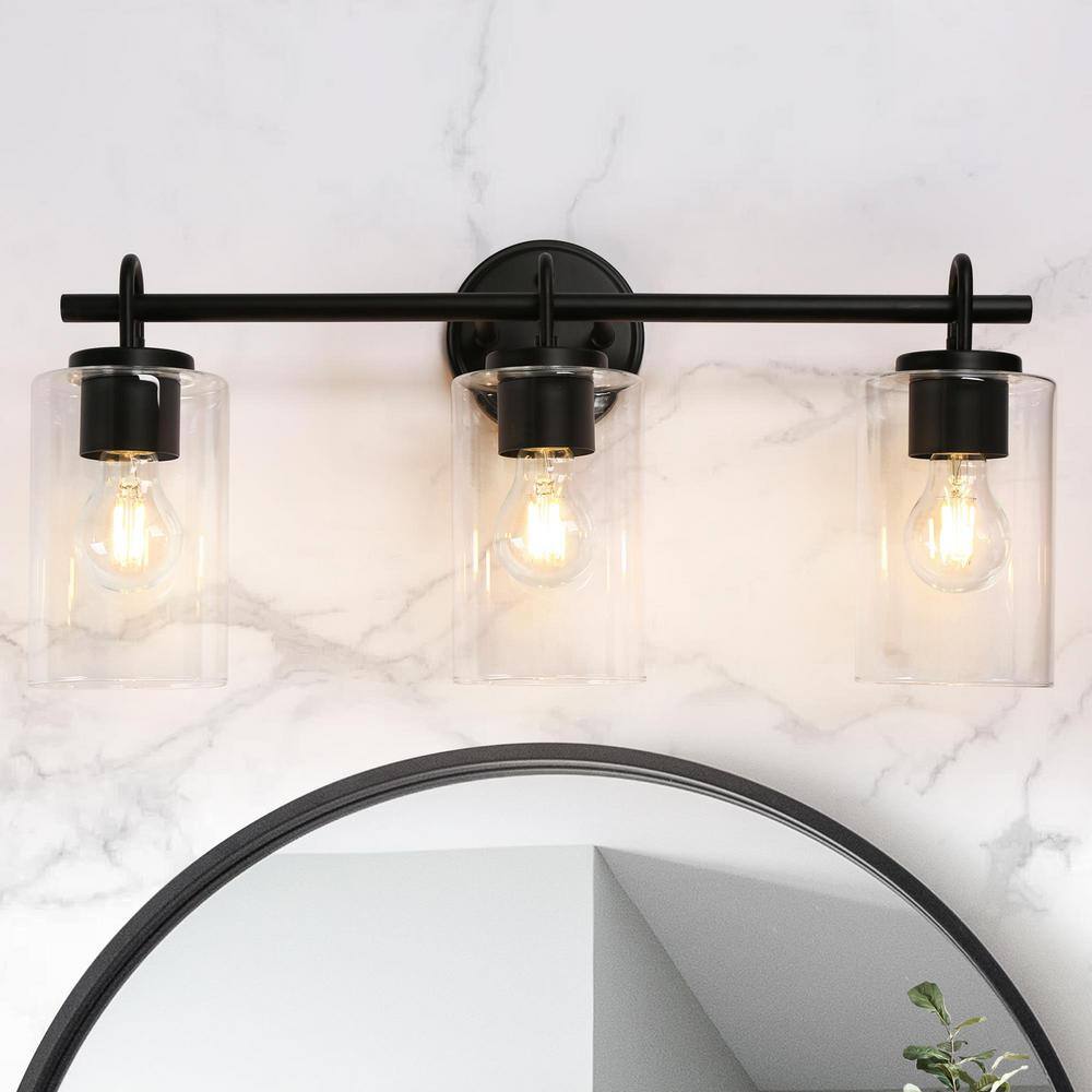 LNC Modern Black Bathroom Vanity Light with Cylinder Clear Glass Shades ...