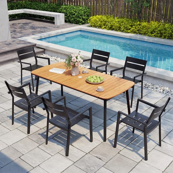 Pellebant 70.86 in. Rectangular Round Corner Aluminum Outdoor Patio Dining Table with Wood Like Tabletop in Brown PB TB059BRN180