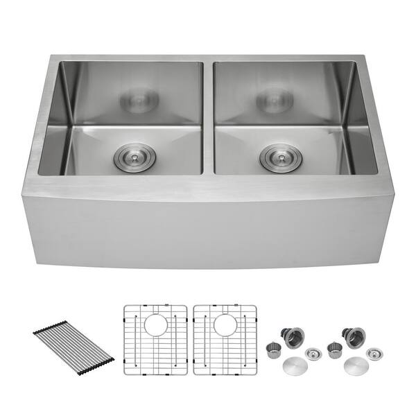 Logmey 33 in. Farmhouse Double Bowl Sink 16-Gauge Brushed Stainless ...