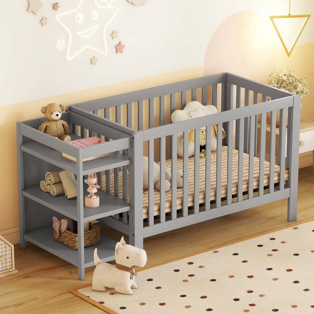 Harper & Bright Designs Convertible Gray Crib/Full Size Bed with 3 ...