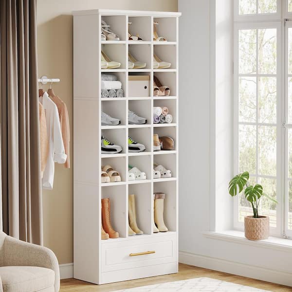 BYBLIGHT 70.86 in. H x 25.6 in. W White 24 Pairs Tall Shoe Storage Cabinet with Drawer 9 Tier Shoe Rack for Entryway BB J0282YF The Home Depot