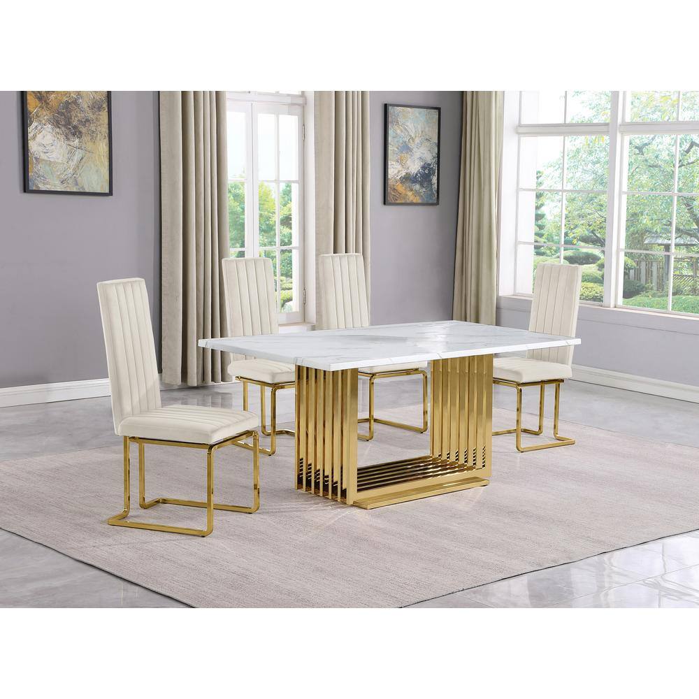 Best Quality Furniture Lisa 5-Piece Rectangle White Marble Top Gold ...
