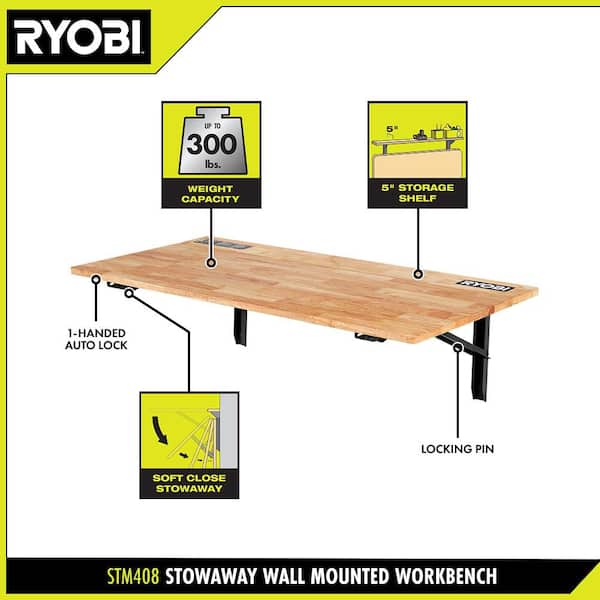 RYOBI Wall Mounted Stow Away Worktable with USB Lithium Clamp Fan Kit ...