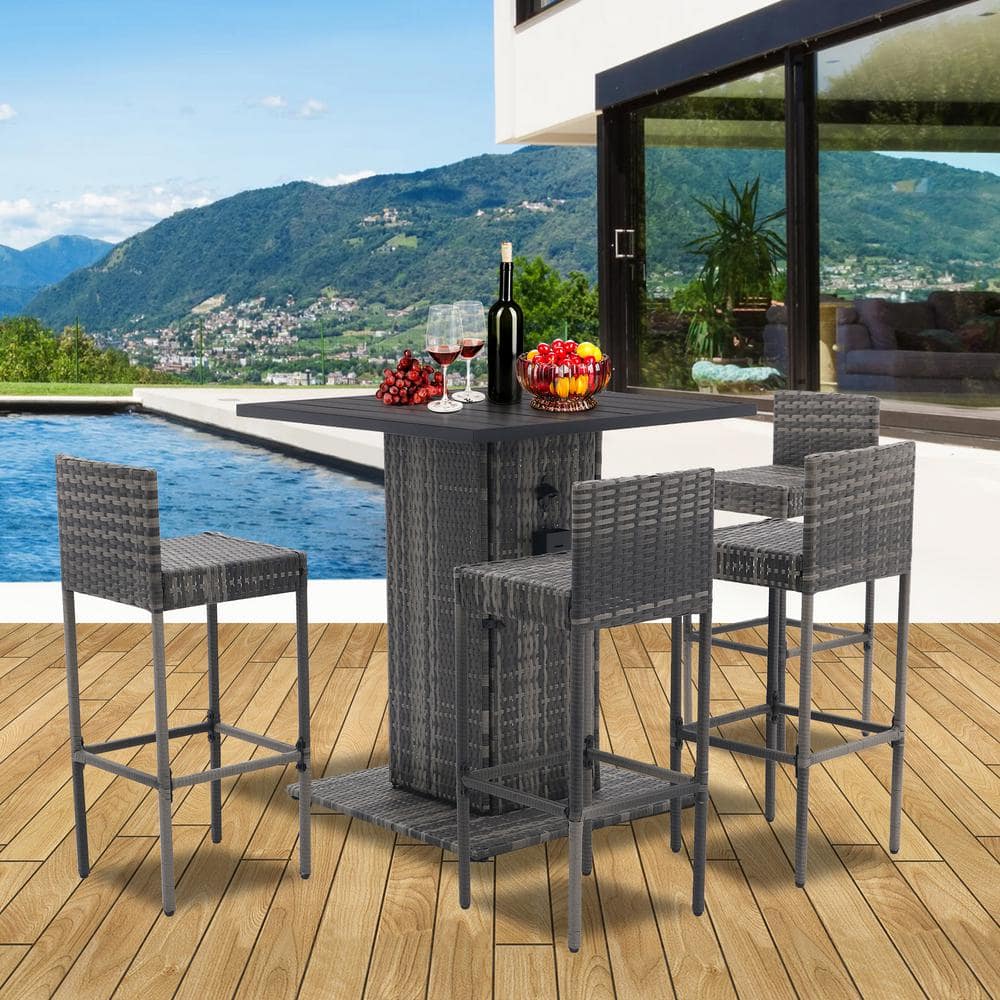 Sudzendf Gray Gradient 5-Piece Metal Outdoor Patio Conversation Bar Set ...