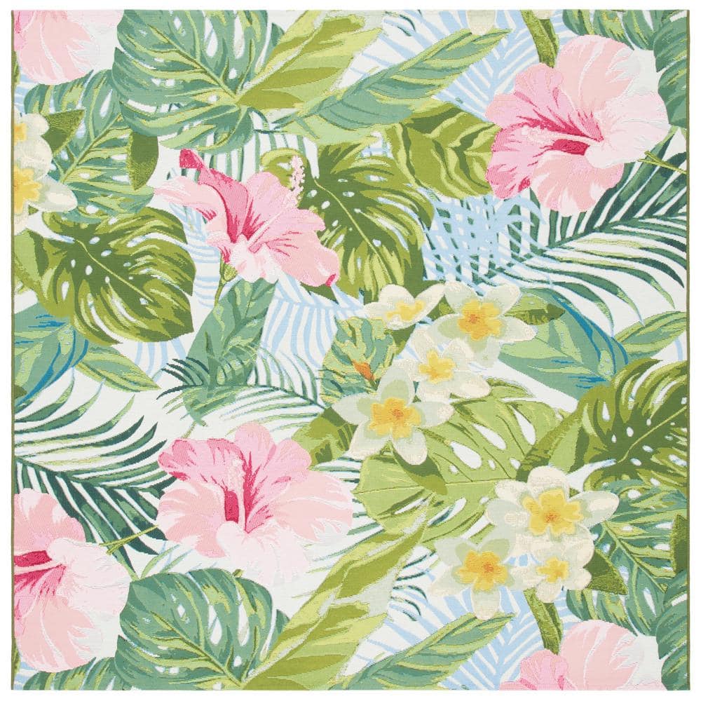 SAFAVIEH Barbados Green/Pink 8 ft. x 8 ft. Square Floral Indoor/Outdoor ...