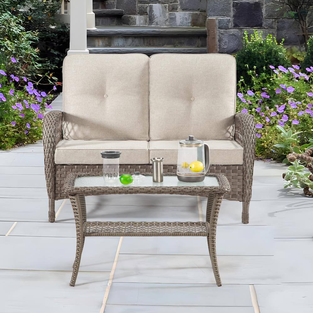Gardenbee 2-Piece Wicker Outdoor Patio Loveseat Conversation Set with ...
