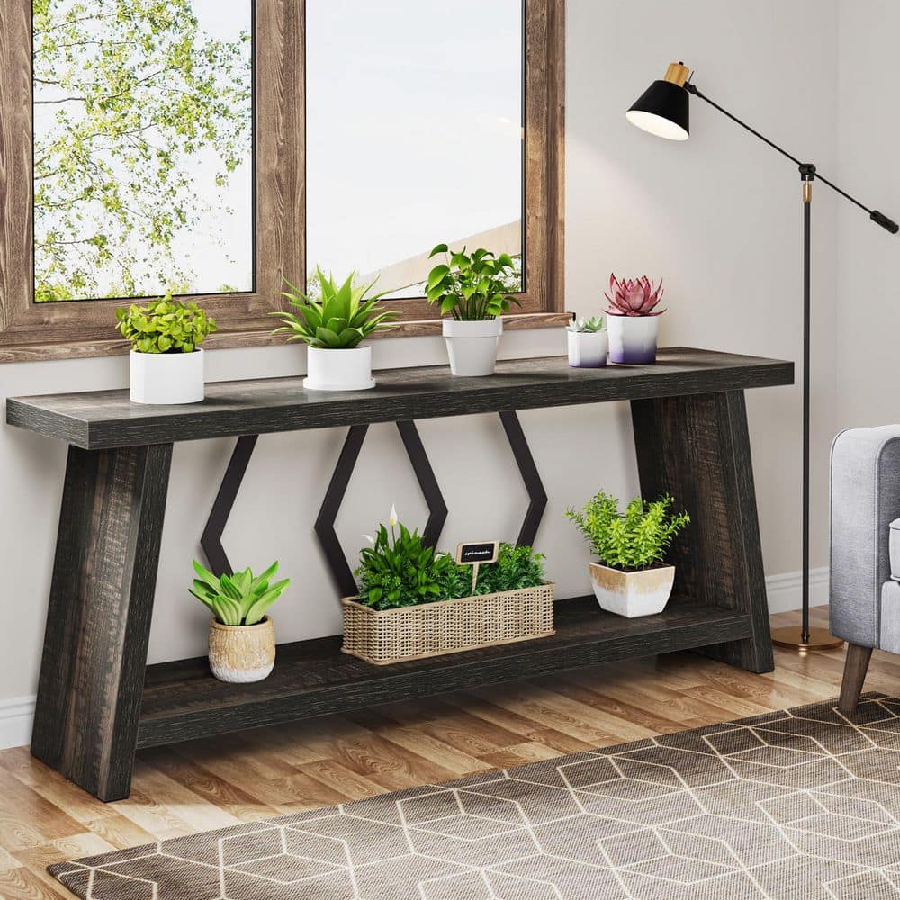 BYBLIGHT Turrella 70.87 in. Dark Gray Rectangle Wood Console Table ...