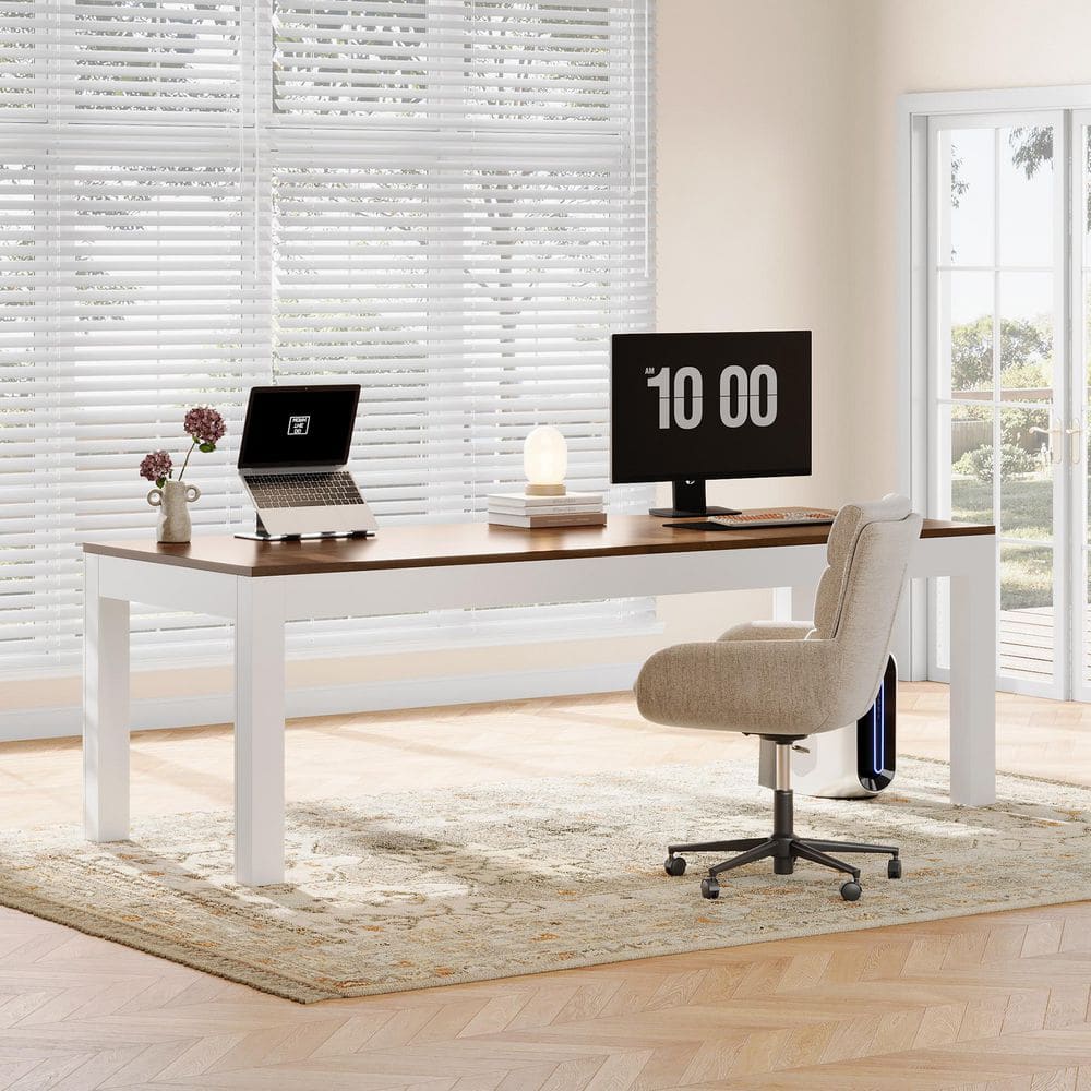 BYBLIGHT 79 in. Large Modern Rectangular White Wood Computer Desk with ...