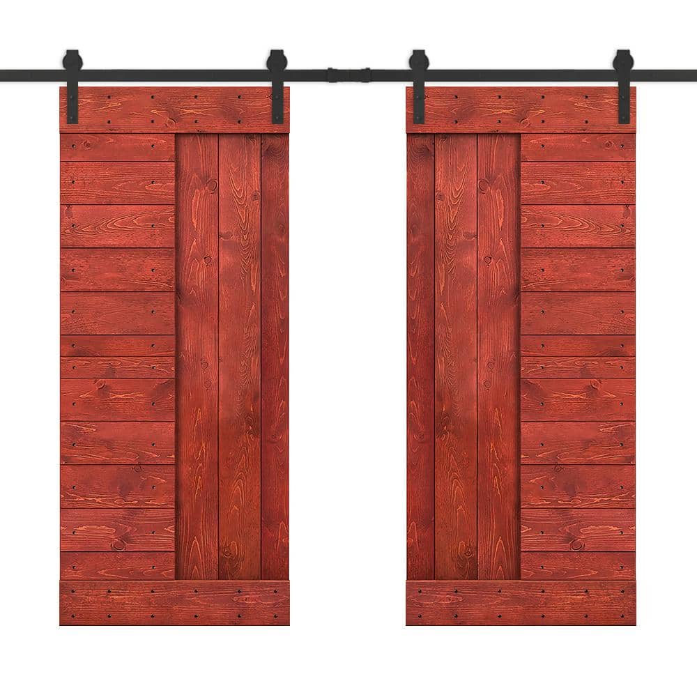 CALHOME 48 in. x 84 in. Cherry Red Stained DIY Knotty Pine Wood Interior Double Sliding Barn ...