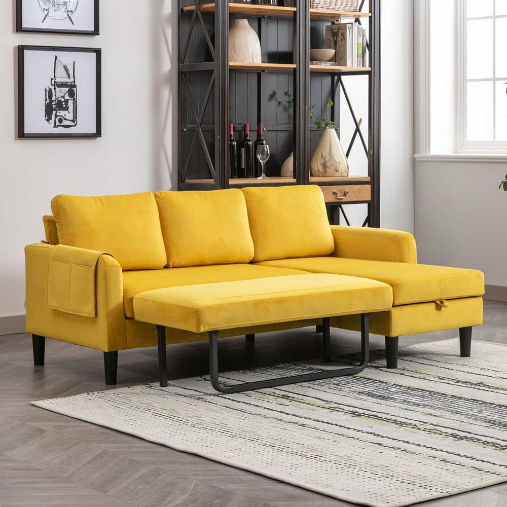 HOMEFUN 73 in. Modern Mustard Yellow Velvet Reversible Sleeper ...