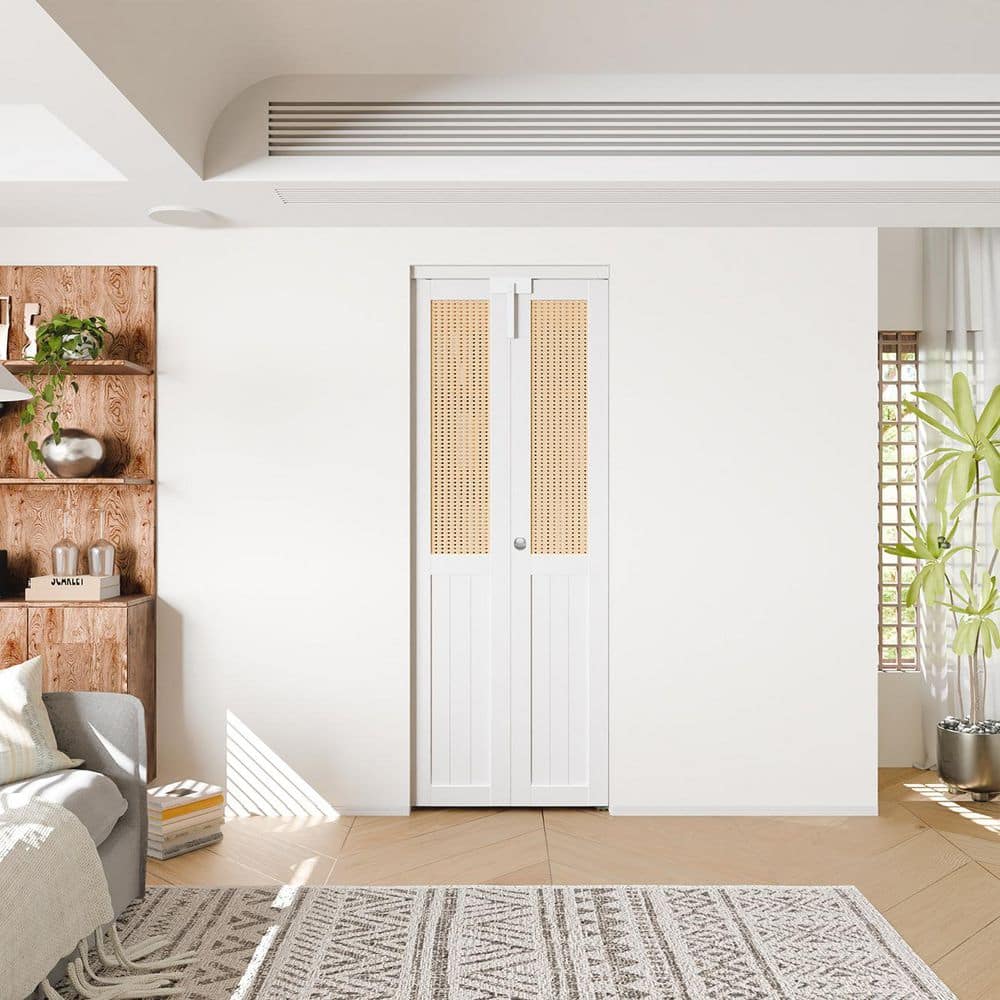 TENONER 30 in. x 80 in. Half Cane Webbing & Wood Half Solid Core White PVC Covering MDF Bi-fold ...