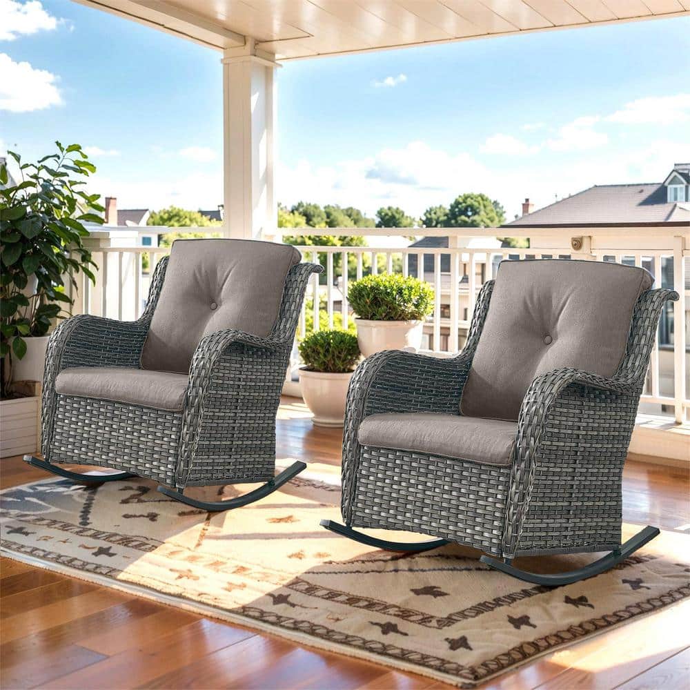 Gymojoy Carolina Gray Wicker Outdoor Rocking Chair with Gray Cushions ...