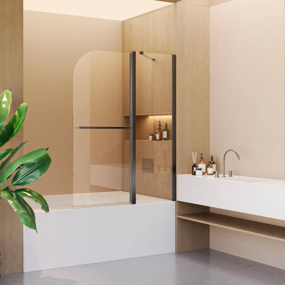 Zeus & Ruta 43 in. W x 58 in. H Frameless Pivot Tub Door in Matte Black ...