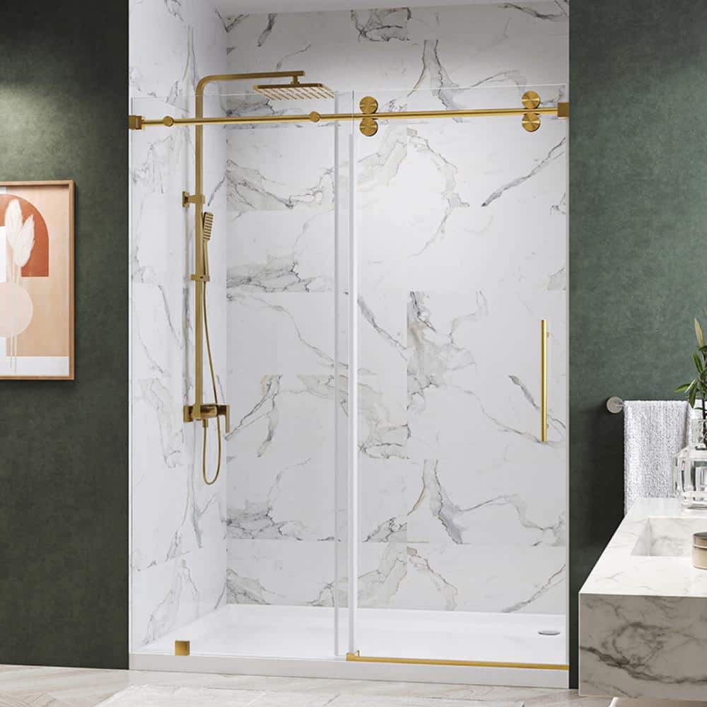 Kobiworks Radiance 54 in. W x 76 in. H Single Sliding Frameless Shower Door in Brushed Gold with ...