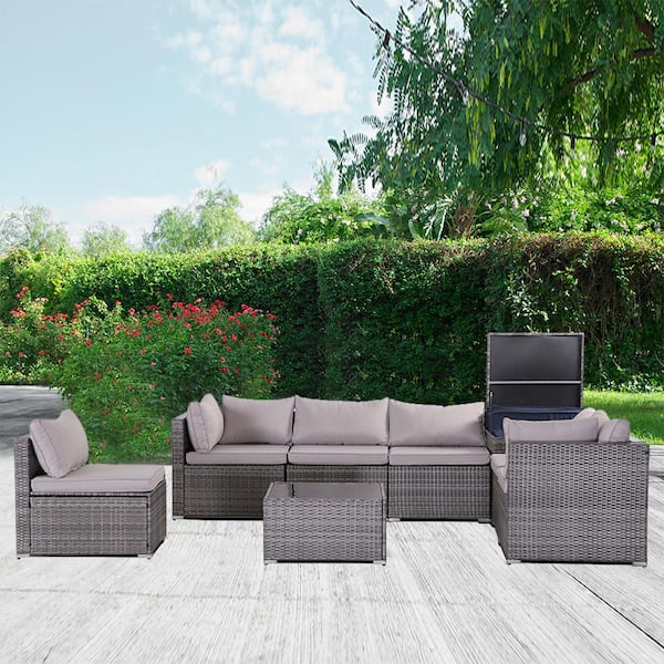 Zeus & Ruta 8-Piece Modern Rattan Wicker Garden Outdoor Sectional Set ...