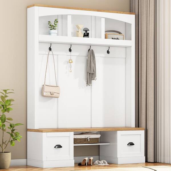 Nestfair White Freestanding 4-in-1 Hall Tree with Wood Grain Bench and ...